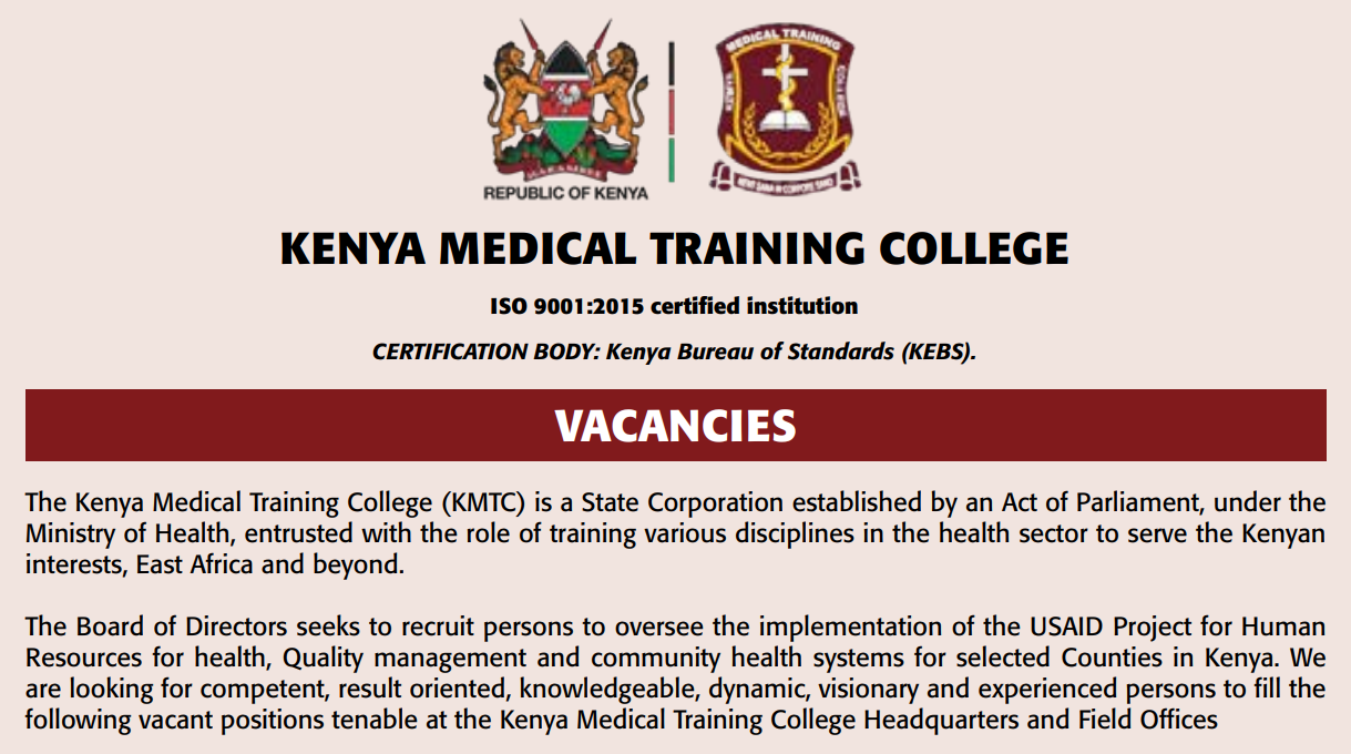 Kenya Medical Training College – KMTC Jobs November 2025