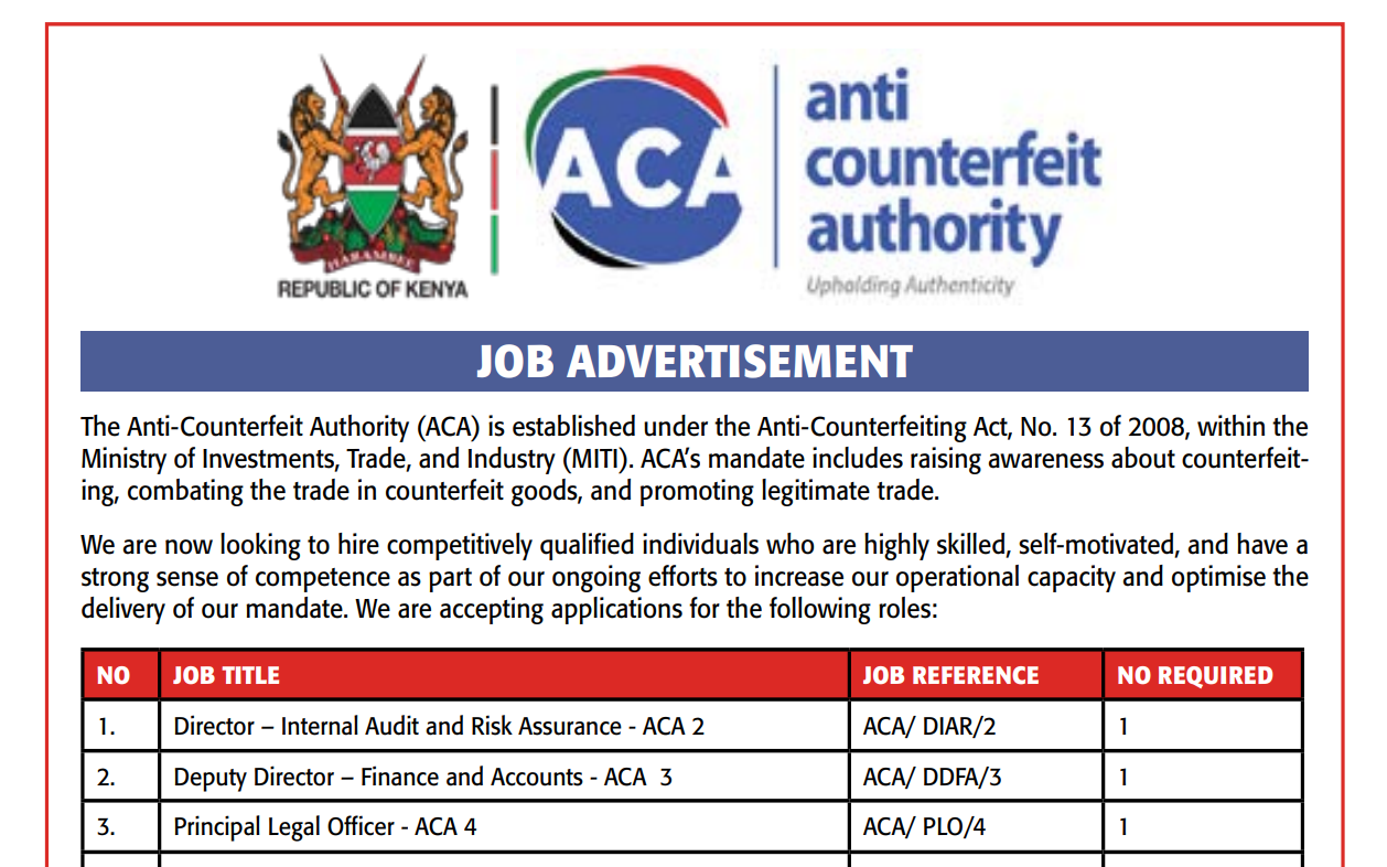 15 Posts at Anti-Counterfeit Authority - ACA Jobs December 2025