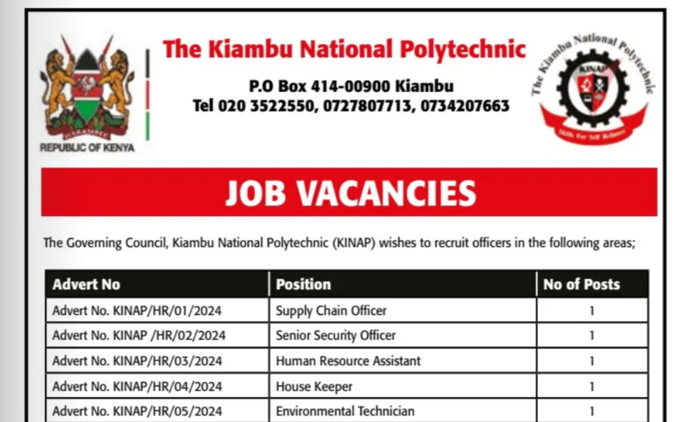 Latest Vacancies at The Kiambu National Polytechnic December 2025